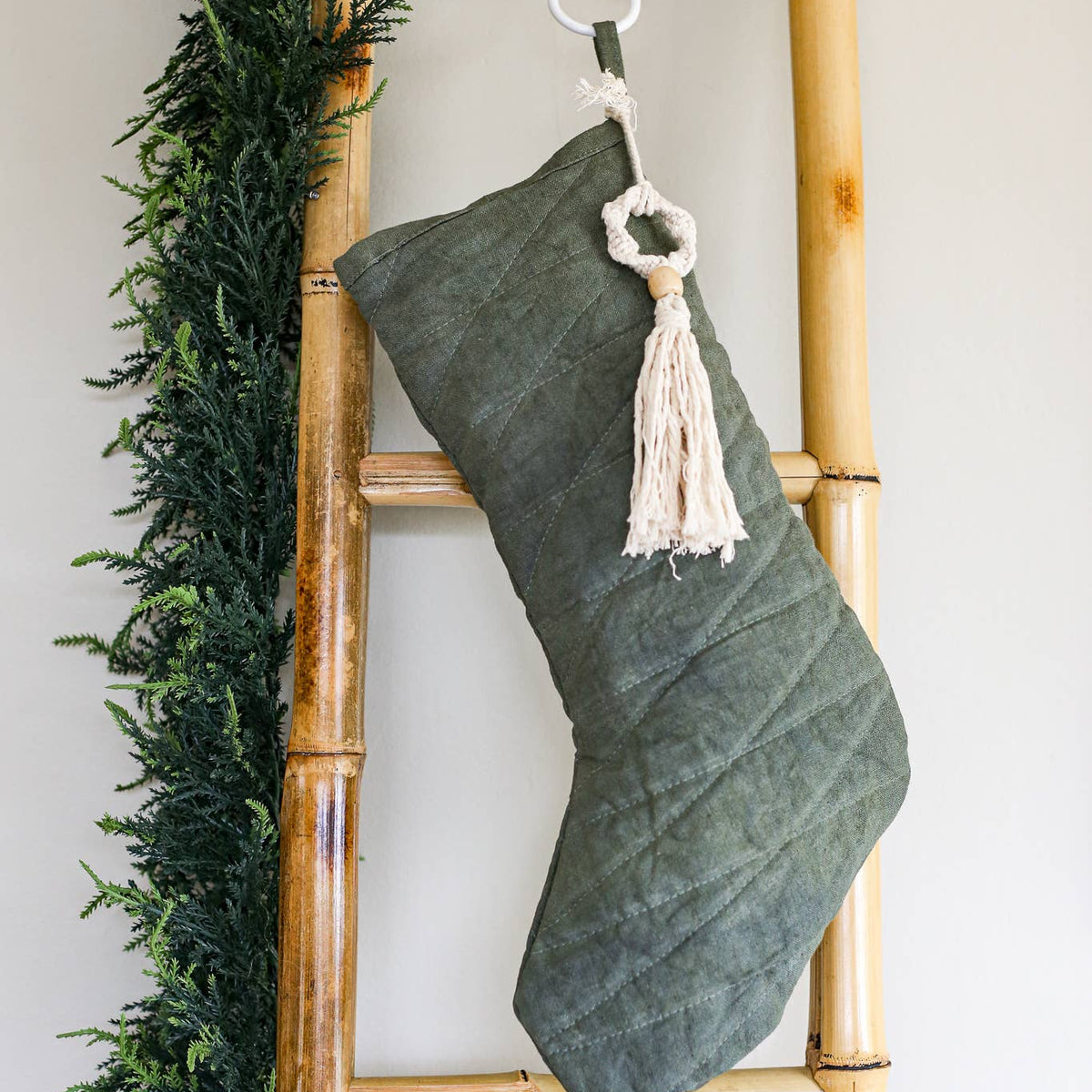 Green Linen Blend Bohemian Christmas Stocking – Material Wit